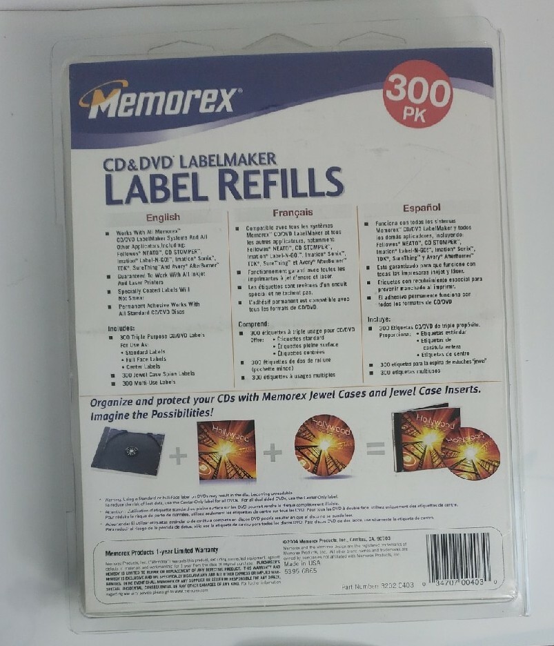Memorex CD & DVD Label-Maker 300 Pack White Matte Refills Spine Multi ...