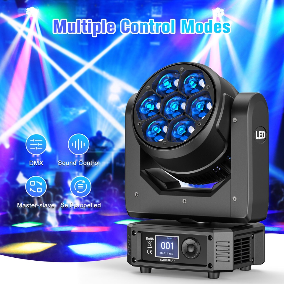 7x50W LED Zoom Moving Head Stage Light RGBW DMX Beam Wash Lighting DJ ...