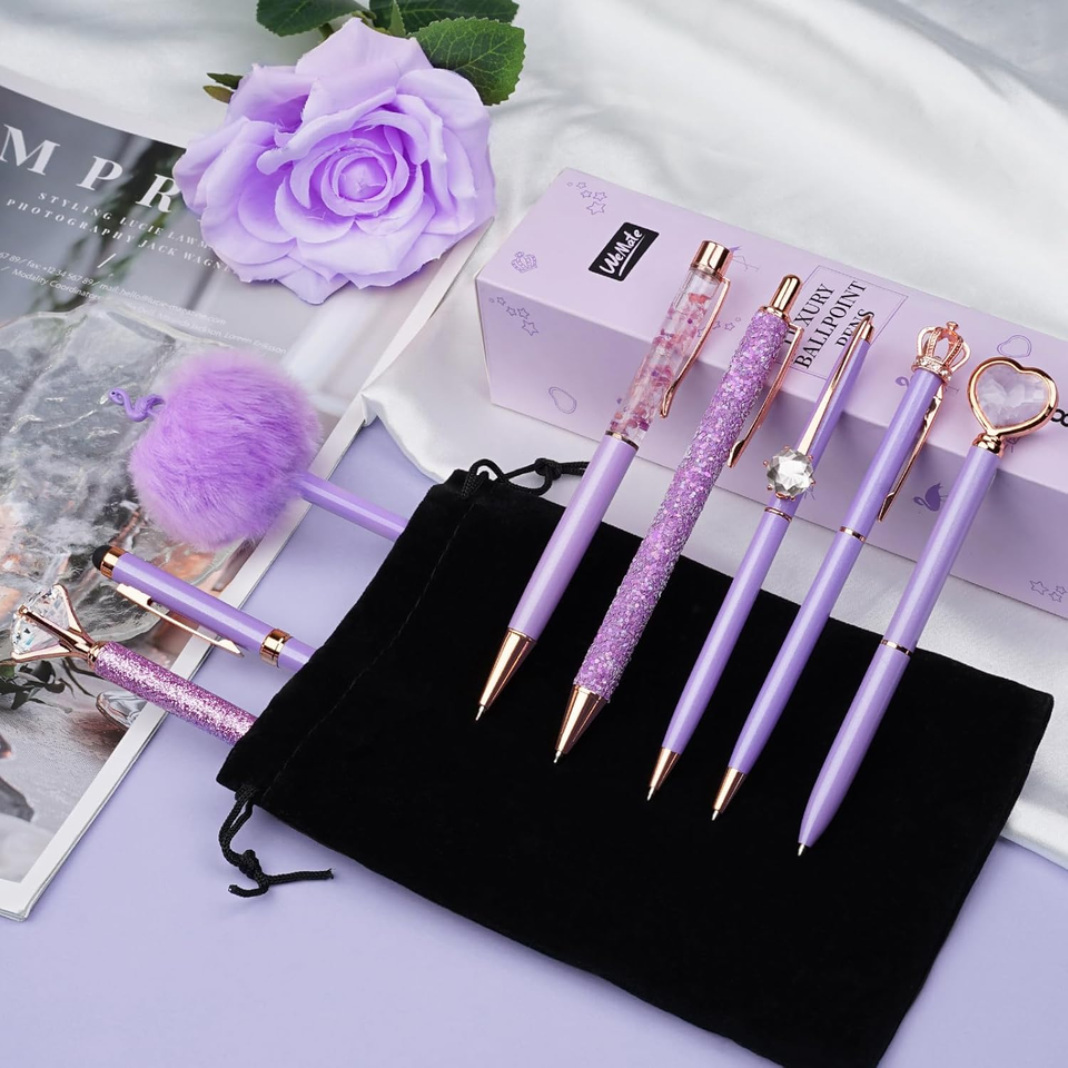 8Pcs Purple Pens, Metal Crystal Diamond Pen with Black & Blue Ink for ...