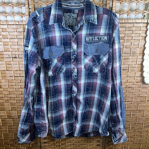 AFFLICTION Men XL Shirt Cotton Plaid Skull Embroidery Patches Button ...