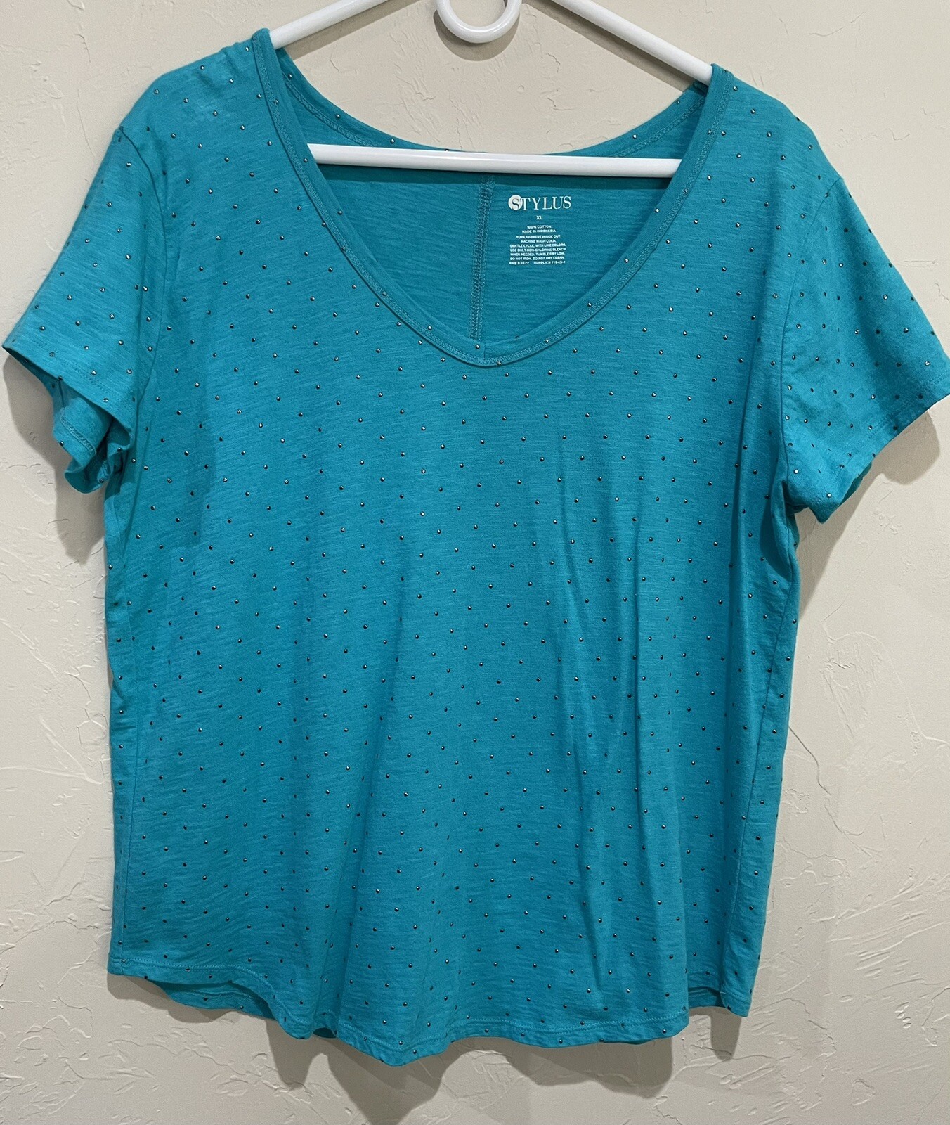 Stylus Women’s Top Turquoise Short Sleeve Embellished 100% Cotton Size ...