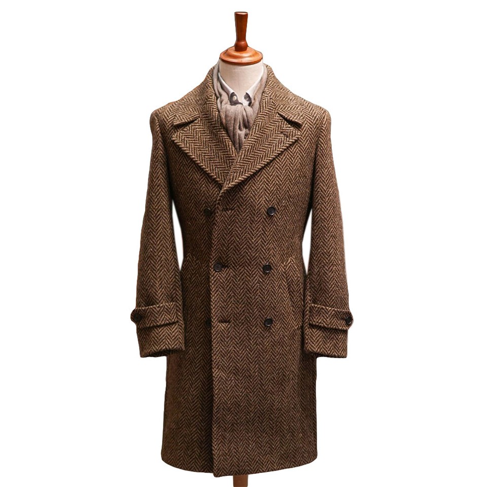 Brown Men Herringbone Overcoat Blazer Notch Lapel Double Breasted ...