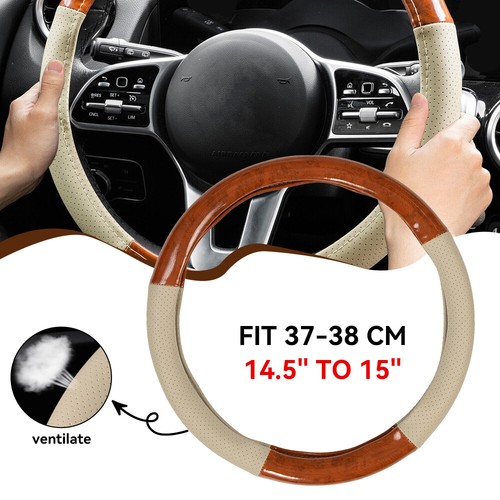 15" Wood Grain Steering Wheel Cover For Auto Car SUV Beige PU Leather ...