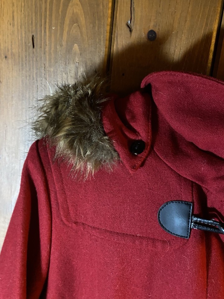 Tommy Hilfiger Red Wool Blend Duffle Coat Faux Fur Hood Toggle Closure ...