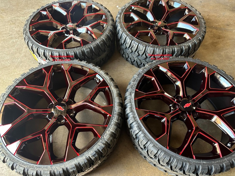 26'' Snowflake Black Red Milled Wheels 33'' MT Tires fit Sierra ...