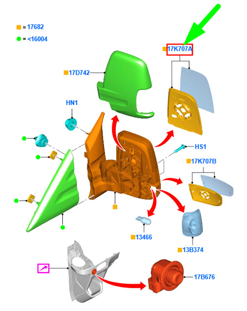 NEU FORD TRANSIT MK4 VORDERES RECHTES SPIEGELGLAS 1823995 BK31-17K740 ...