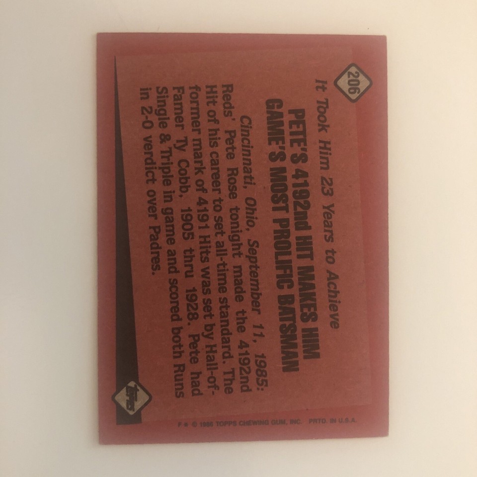 1986 TOPPS PETE ROSE RECORD BREAKER #206 Reds Hit King | eBay