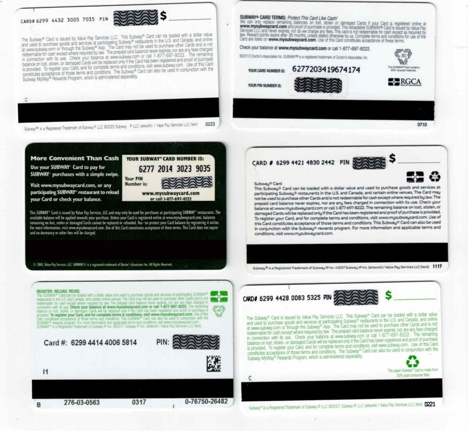 Subway Gift Card LOT of 6 - Sandwich Restaurant - Lot B - Collectible ...