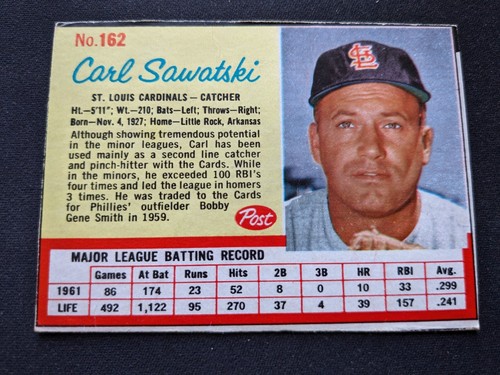 1962 Post Cereal Baseball Card # 162 Carl Sawatski - St. Louis ...