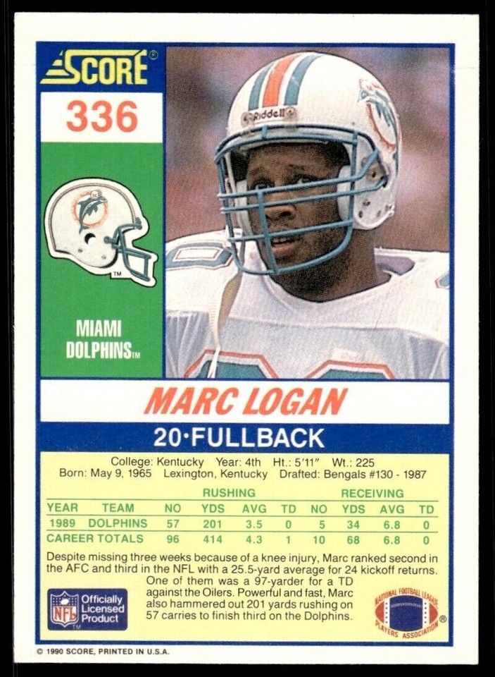 1990 SCORE NFL FOOTBALL Trading Card #336 - MARC LOGAN, Miami Dolphins ...