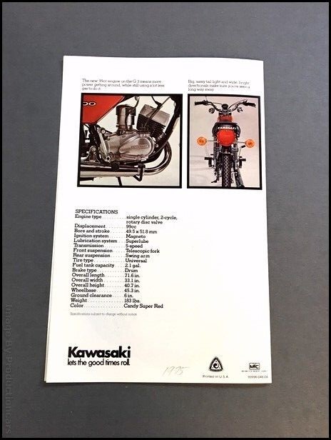 1975 Kawasaki G-3 G3 100 Motorcycle Bike Vintage Sales Brochure Folder ...