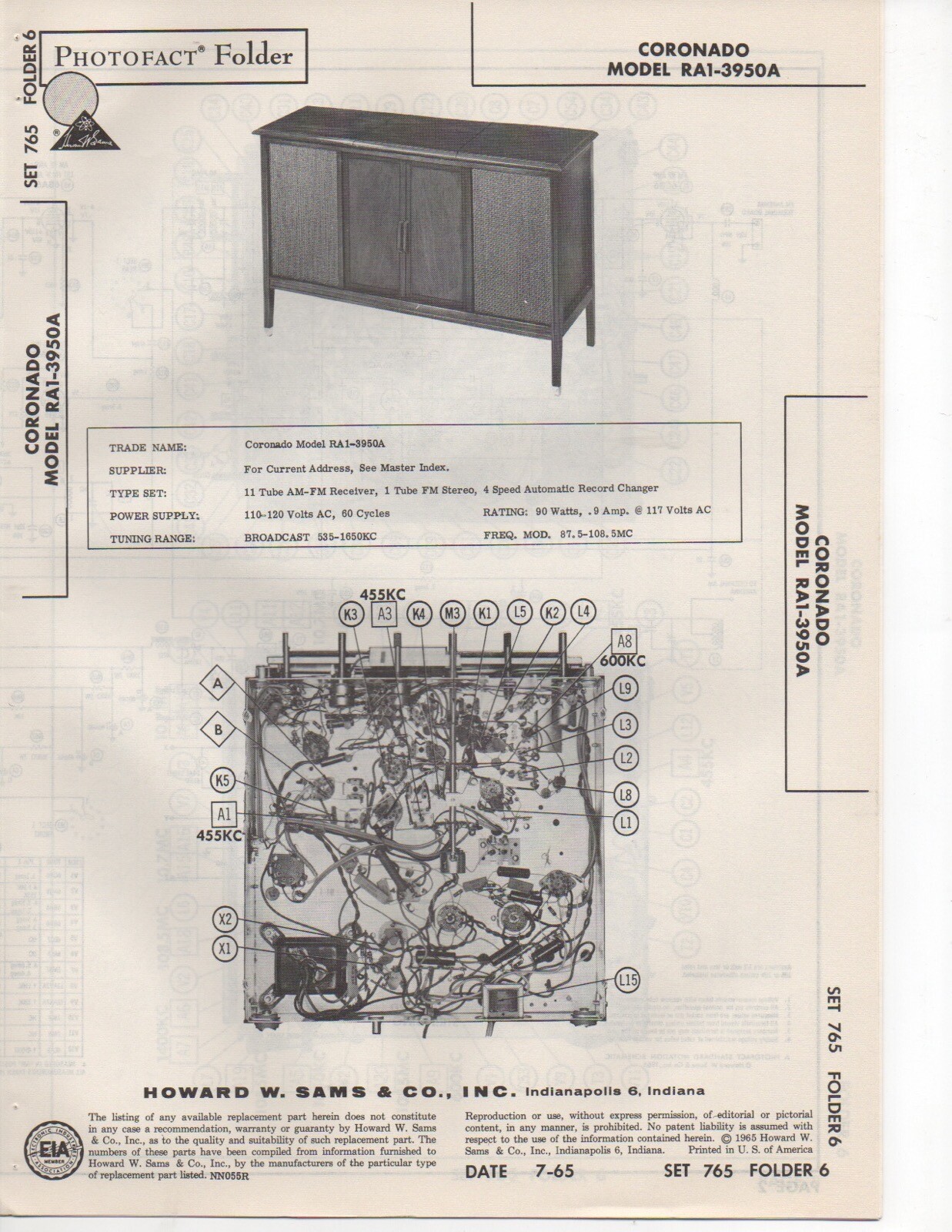 1965 CORONADO RA1-3950A RADIO PHONOGRAPH AMP SERVICE MANUAL PHOTOFACT ...