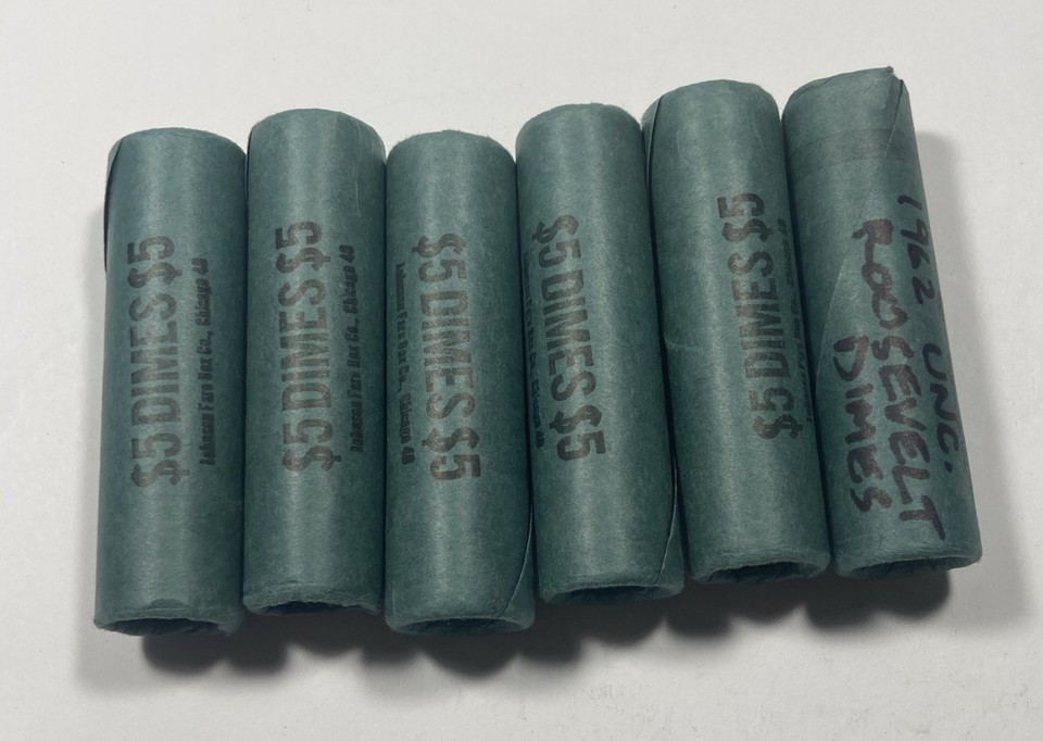 1960's Roosevelt Dime Rolls. 6 Original Never Opened. 300 Coins. 90% ...