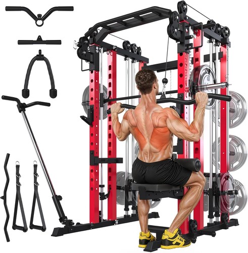 Smith Machine Squat Rack Cage Home Gym, 2000lbs Dual Cable Crossover ...
