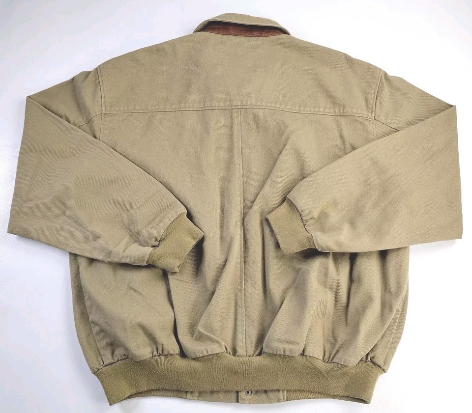 Orvis Vintage Brown Khaki Canvas Bomber Leather Trim Jacket A2 G1 ...