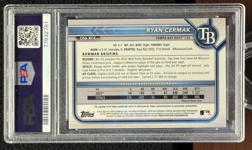 RYAN CERMAK 2022 Bowman Draft Chrome Rookie 1st Card RC Auto PSA 10 # ...