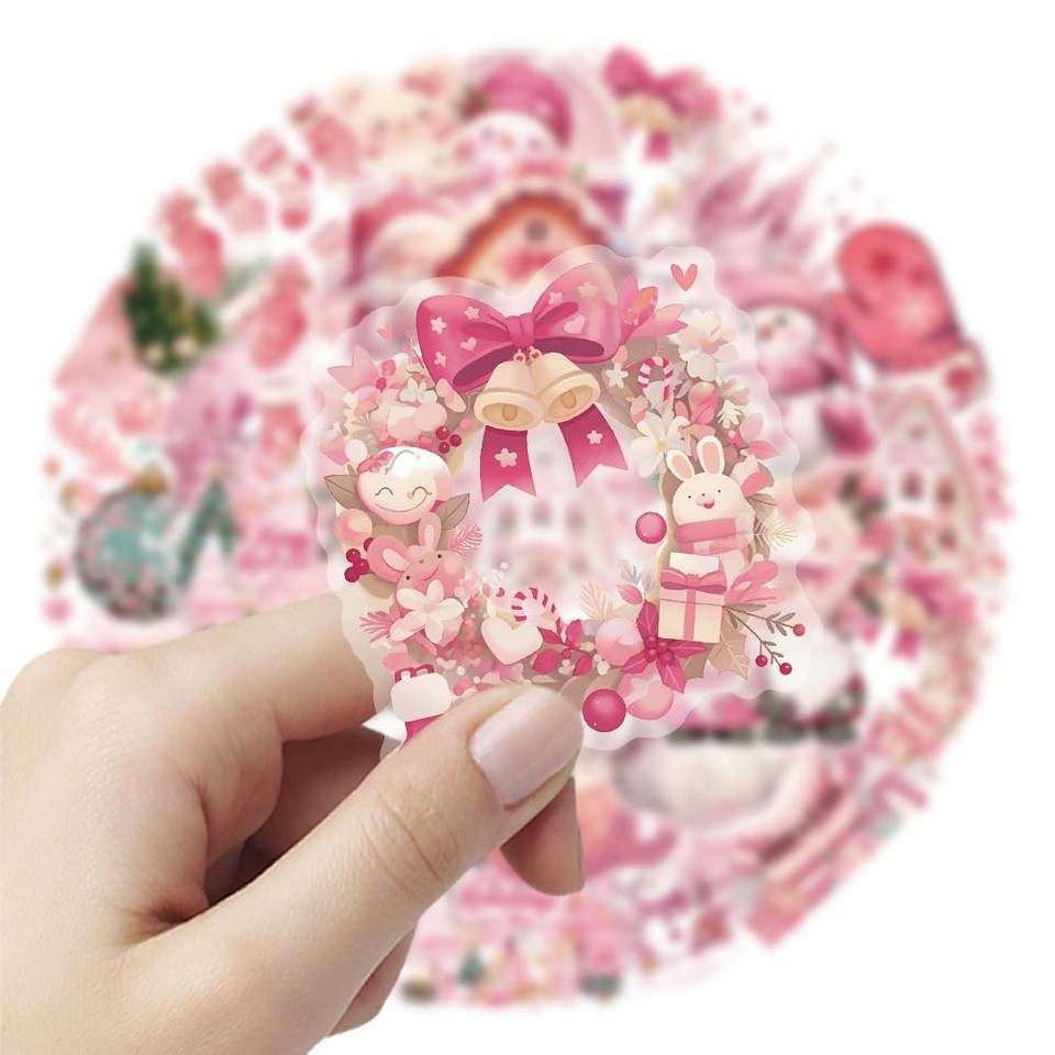 50 Sheets Pink Christmas Stickers, Waterproof Transparent Aesthetic ...