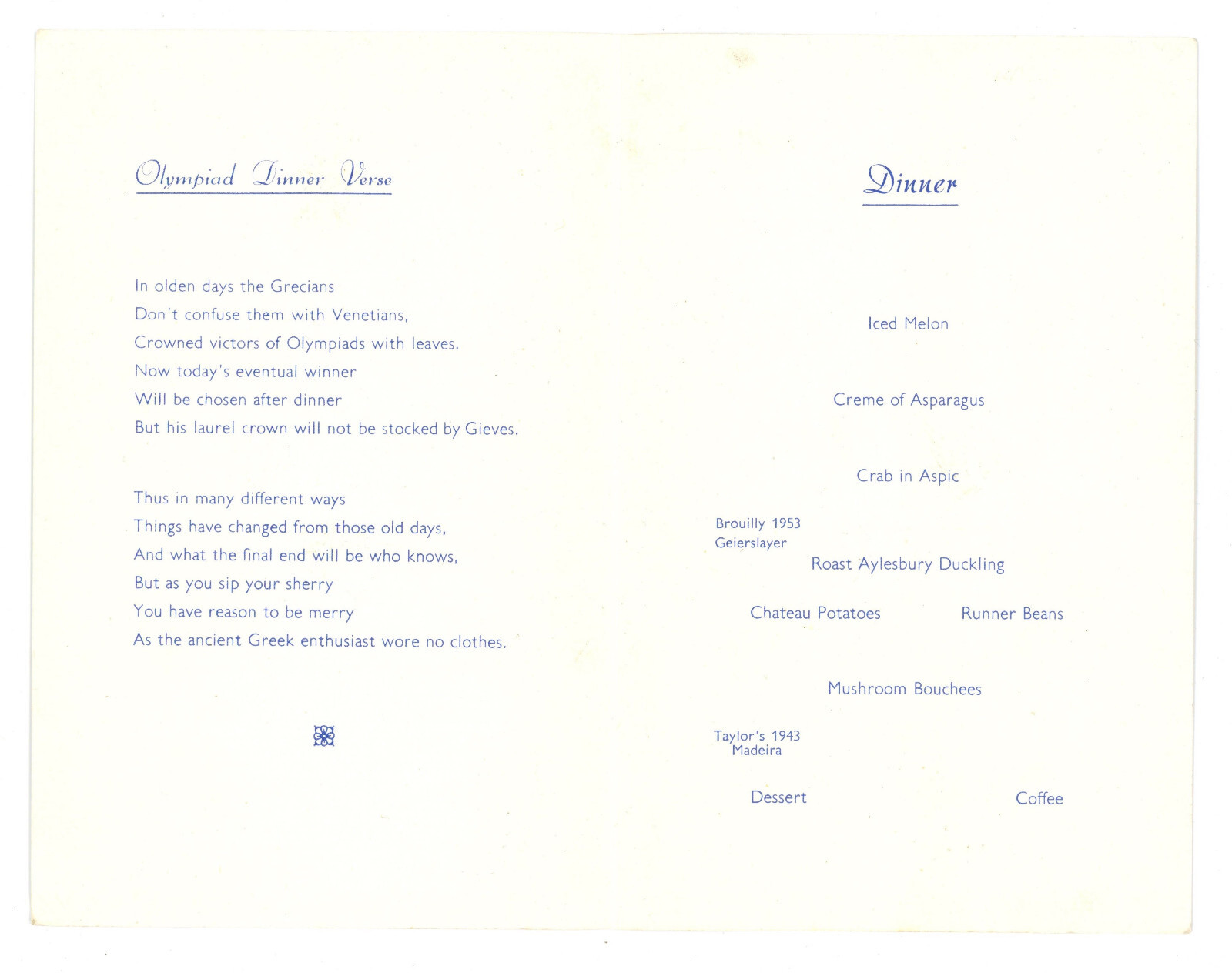 Royal Navy HMS Excellent Olympiad Dinner Menu 1959 HMS Vernon ...