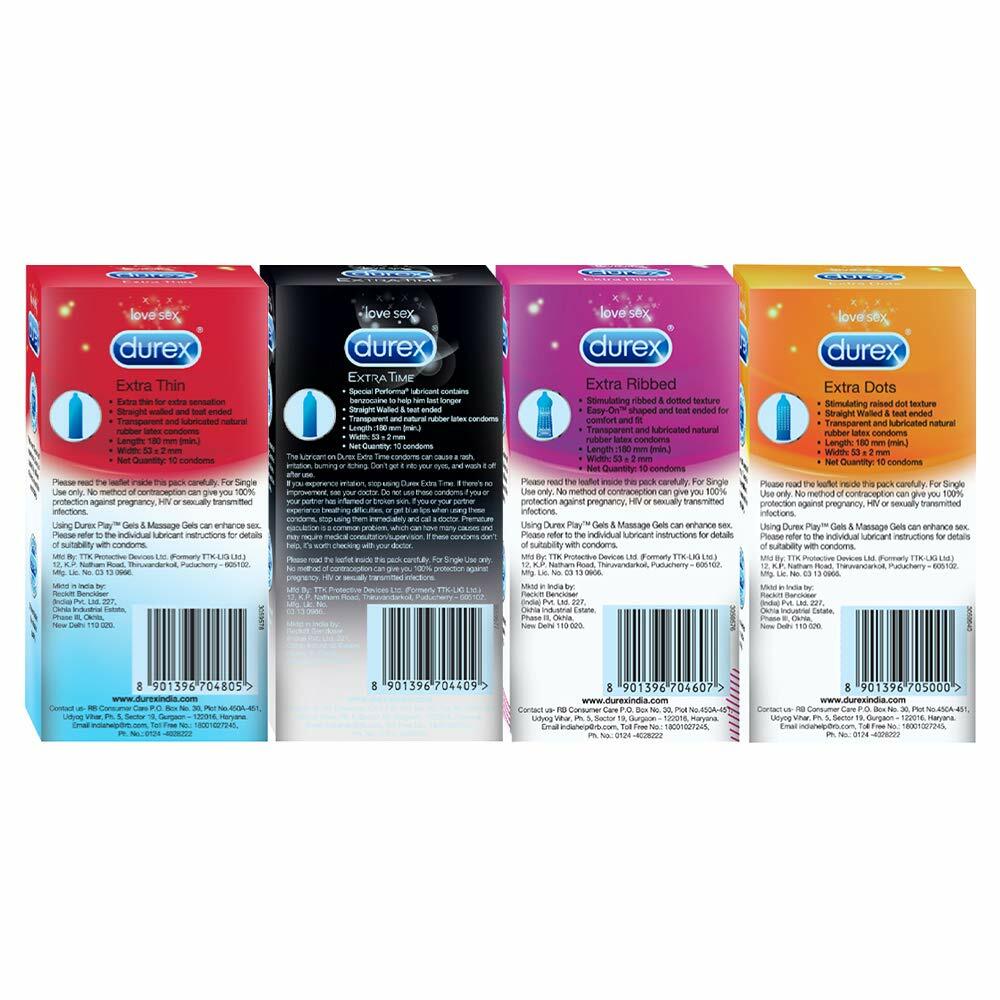 Durex Pleasure Packs of 4 - Extra Thin, Extra Time, Extra Dots, Extra ...