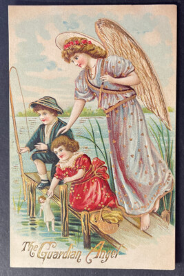 The Guardian Angel lavender winged angel hovering over children printed ...