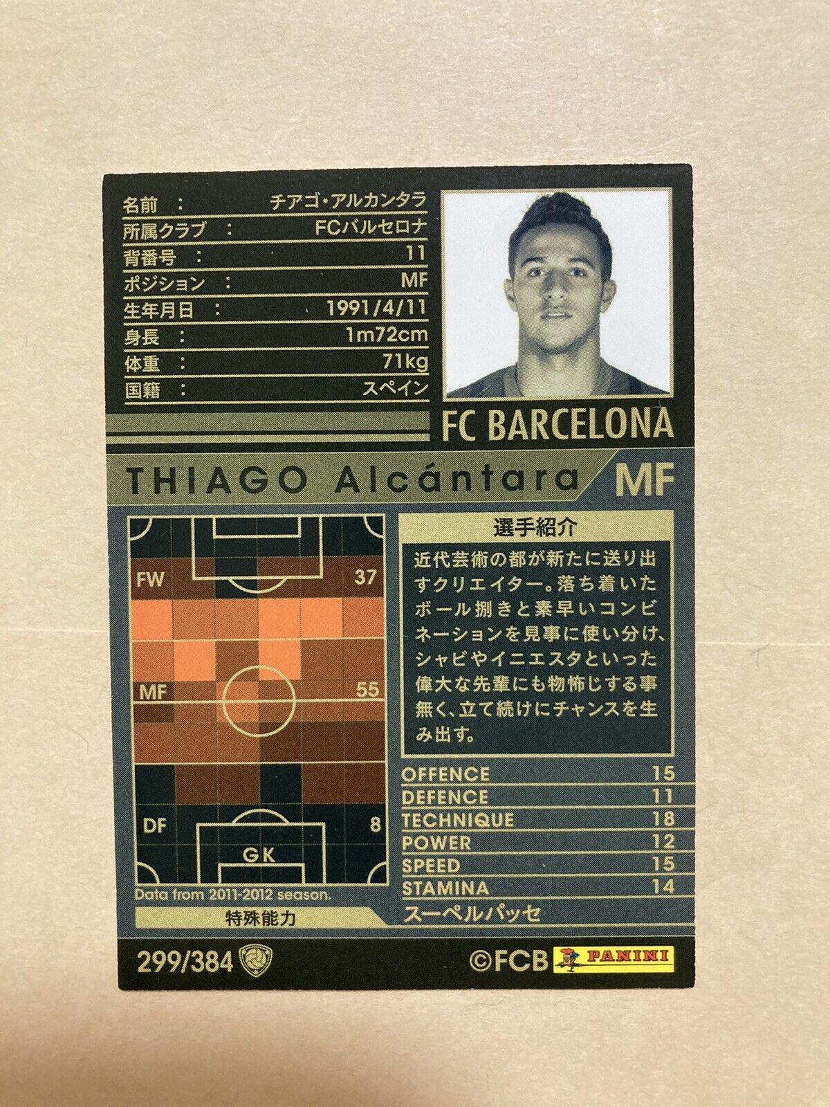 Thiago Alcantara Rookie Card RC #299 2011-2012 Panini WCCF Barcelona ...