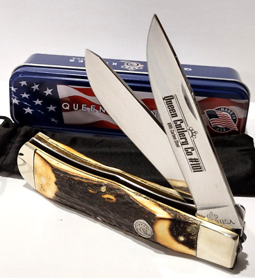 Queen USA Genuine Stag Bone Handle 2 Blade Trapper Folding Pocket Knife ...
