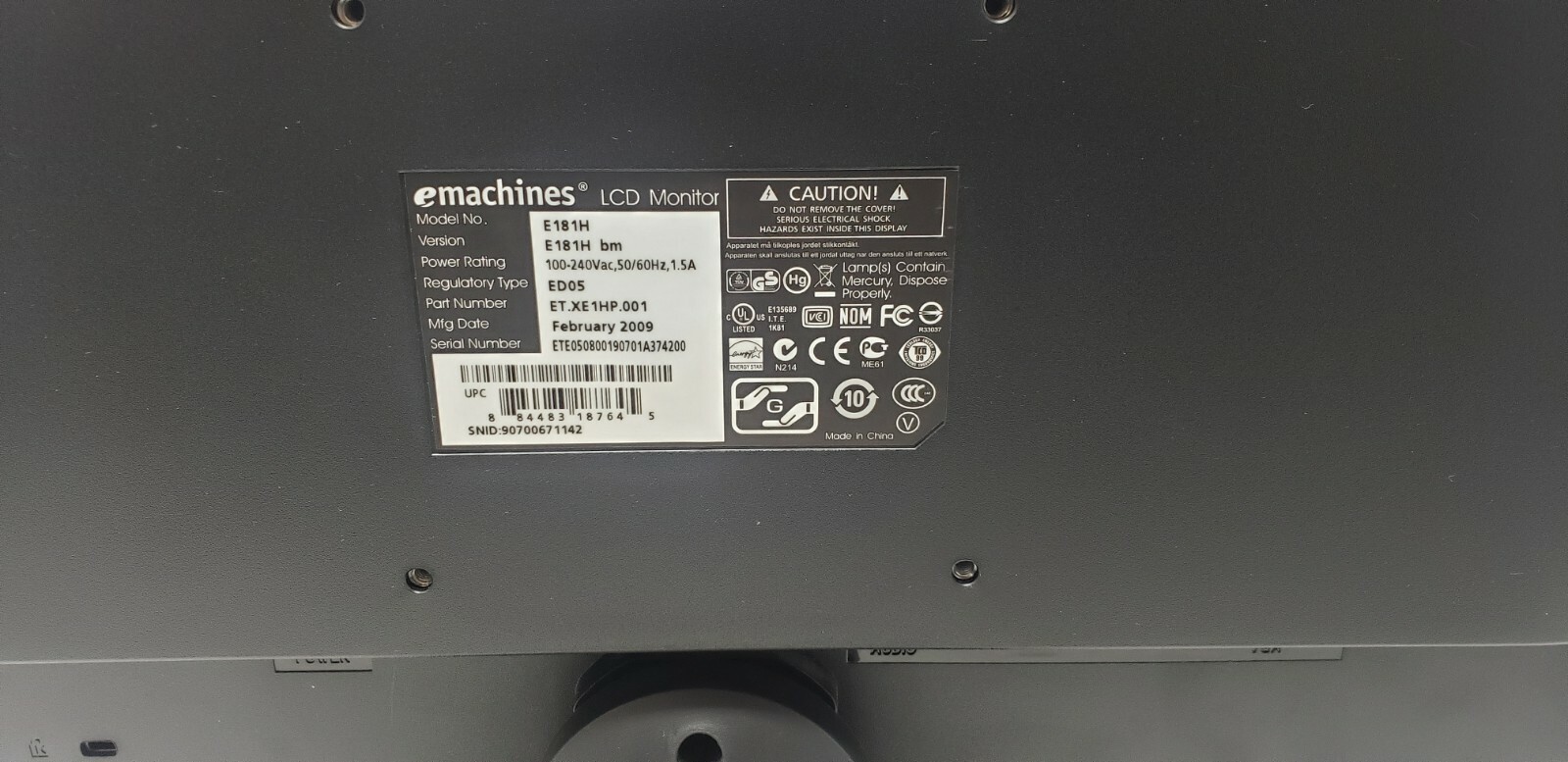 eMachines E181H - LCD Flat Panel Widescreen Monitor - Local PickUp Only ...