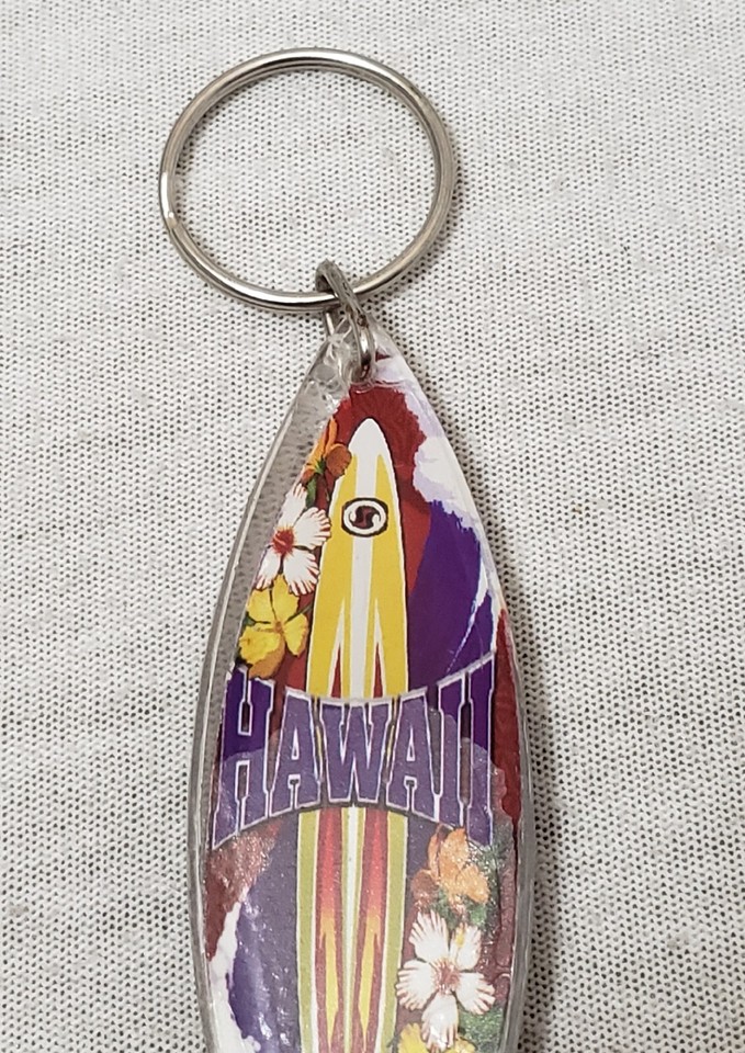 Vintage Hawaii Surfboard Keychain Tropical Flower Souvenir Acrylic Surf ...