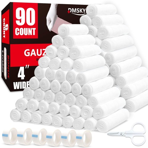 90 Pack Gauze Rolls, 4 in x 4.1 Yards, Individually Wrapped Breathable ...