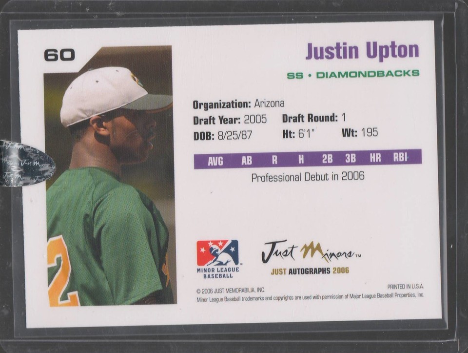 2006 06 Just Minors Justin Upton Auto Autograph RC Rookie Autographed ...