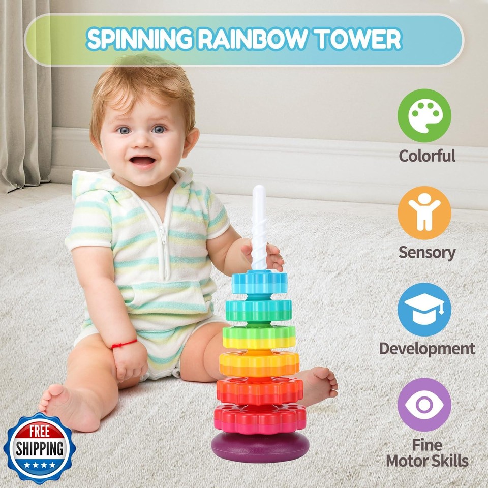 Riuja Baby Spinning Stacking Toys, 1-3 Rainbow Ring Stacker Monte | eBay