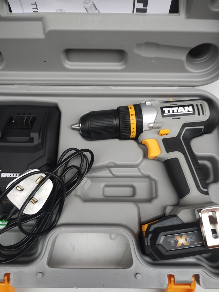 Titan Combi Drill Driver Set Cordless 18V 2Ah Li-Ion Batteries Charger ...