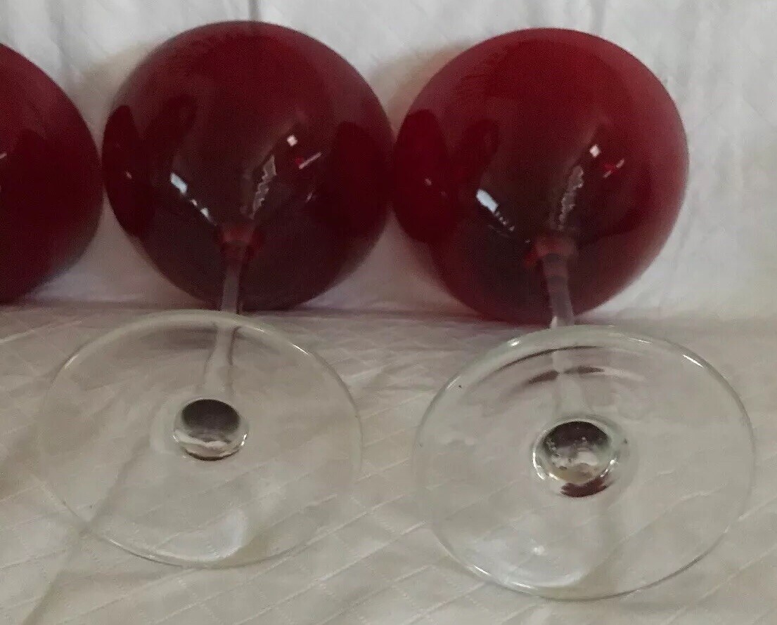 RED Cup WATER GOBLETS Clear Stem Ruby Wine Glass Set Of 4 Tall Fine ...