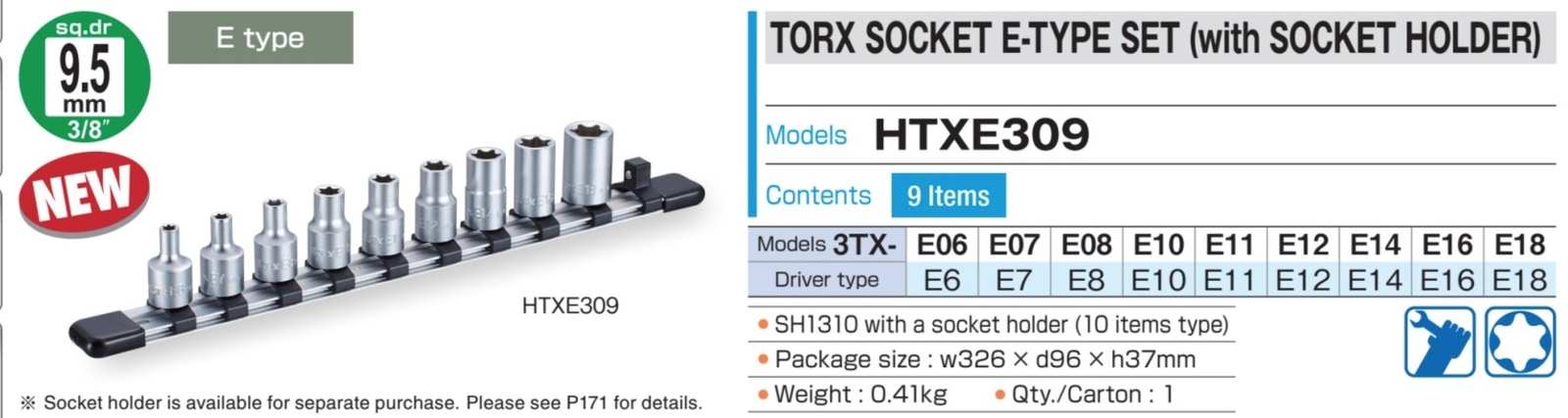 TONE 3/8"Drive Torx E6-E18 Socket E-Type Set HTXE309 with Holder 9 ...