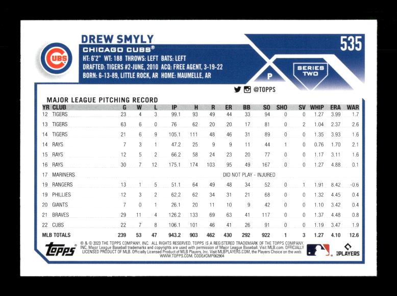 2023 Topps # 535 Drew Smyly Card Chicago Cubs | eBay
