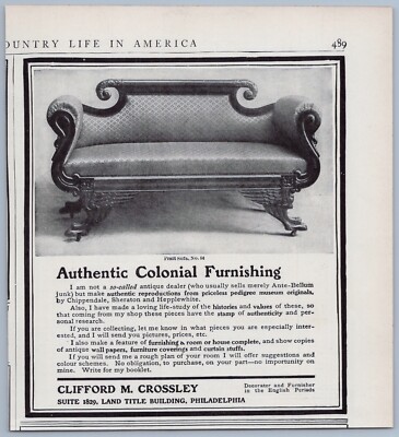 1906 Clifford Crossley Interior Decorator Ad Colonial Furnishings Pratt ...