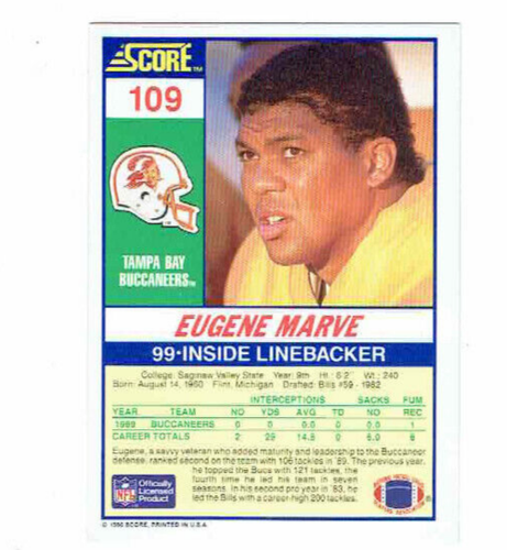 Eugene Marve Tampa Bay Buccaneers #99 ILB #109 Score 1990 Football Card ...