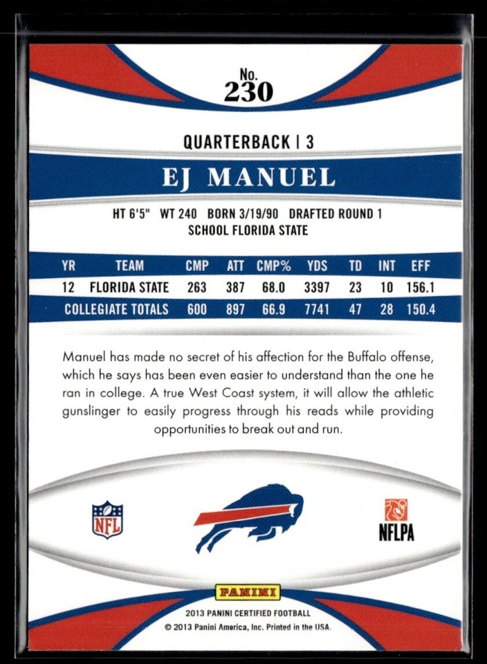 2013 Panini Certified Platinum Blue EJ Manuel Rookie /100 Buffalo Bills ...