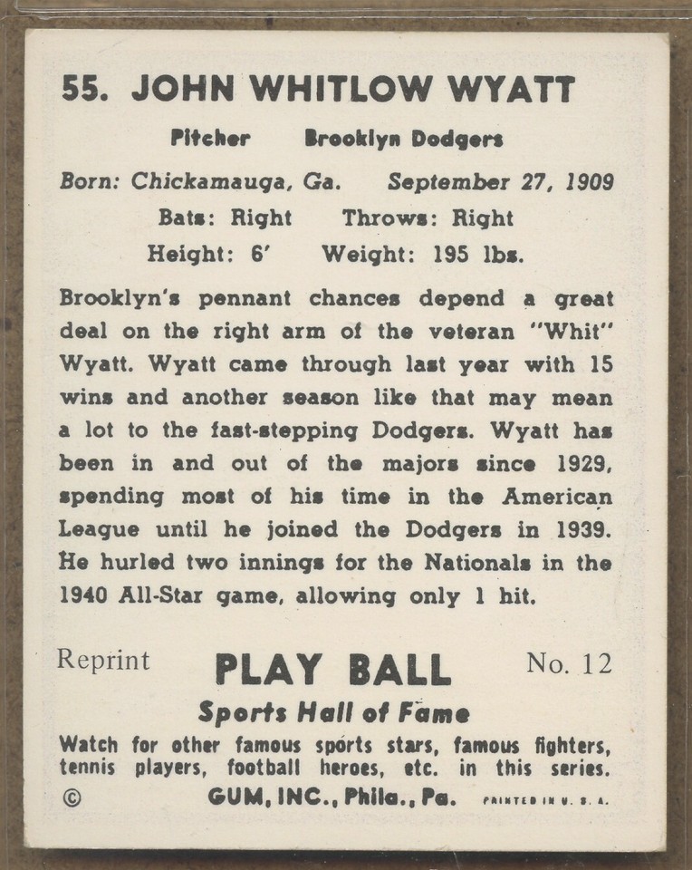 1976 TCMA Reprints - 1941 Playball "Whit" Wyatt Brooklyn Dodgers | eBay