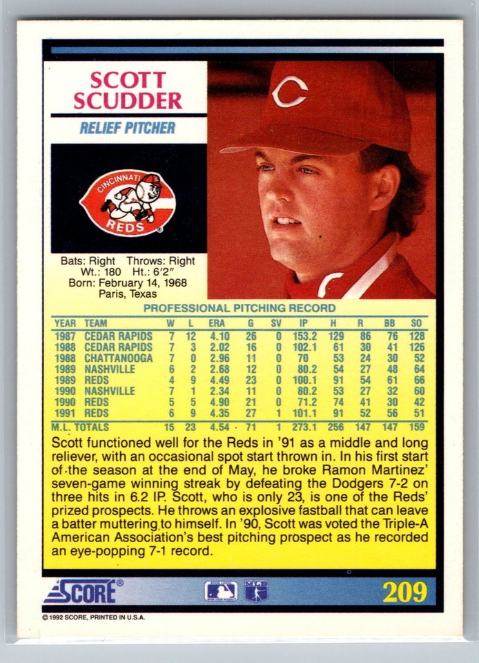 Scott Scudder 1992 Score BASEBALL #209 Cincinnati Reds | eBay