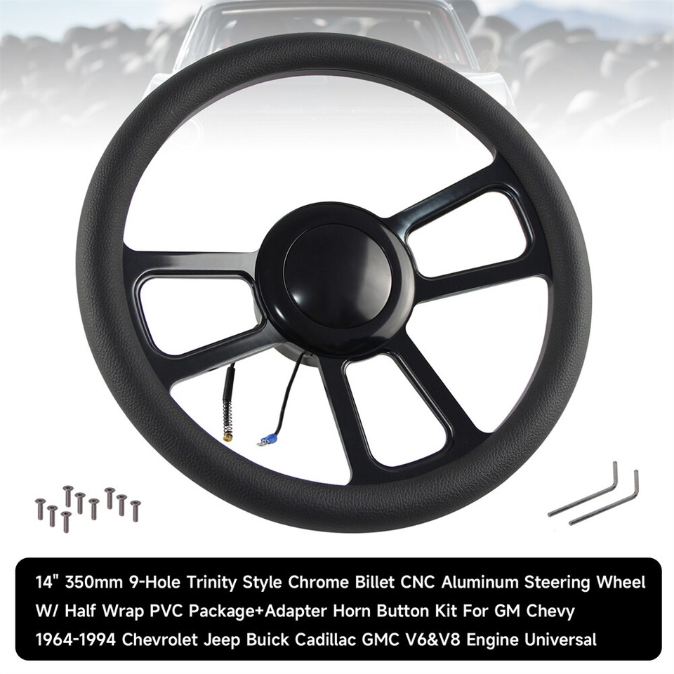 14" 350MM 9-Bolt Chrome W/Half Wrap PVC Steering Wheel + Adapter For ...