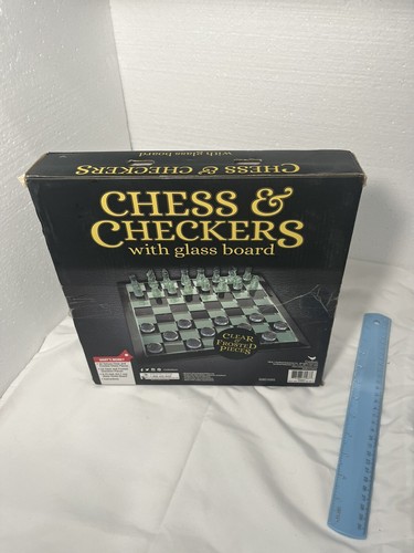 14" Chess & Checkers Set Glass Board with Clear Frosted Pieces Cardinal ...