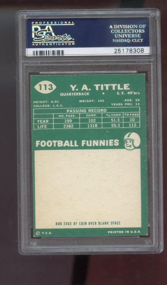 1960 Topps #113 Y.A. Tittle YA PSA 5 Graded Football Card San Francisco ...