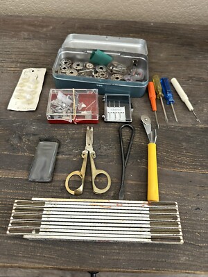 Vintage Blue Metal Sewing Machine Accessories Box and Lot Of Sewing ...