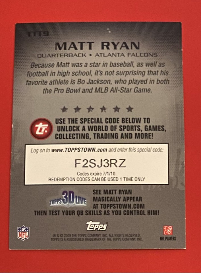 2009 Topps Topps Town Redemption Code Cards Silver Matt Ryan #TTT9 ...