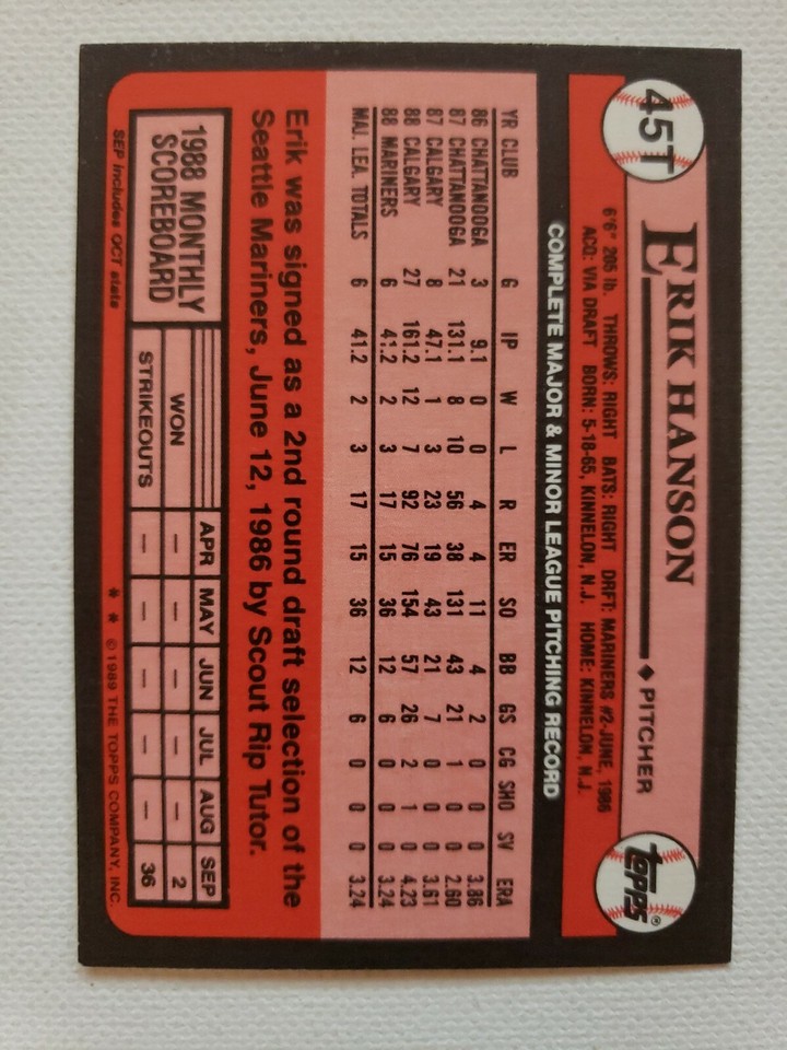 1989 Topps Traded Erik Hanson RC Auto Autograph Card Mariners Red Sox ...