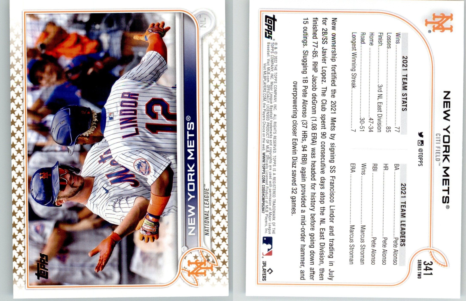 Mets Team Card 2022 Topps Gold Stars #341 New York | eBay