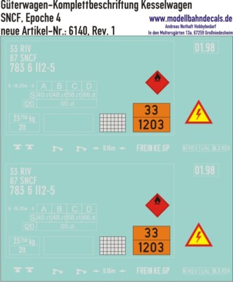 H0-Komplettbeschriftung für Kesselwagen der SNCF Decals Kreye NEU 087 ...
