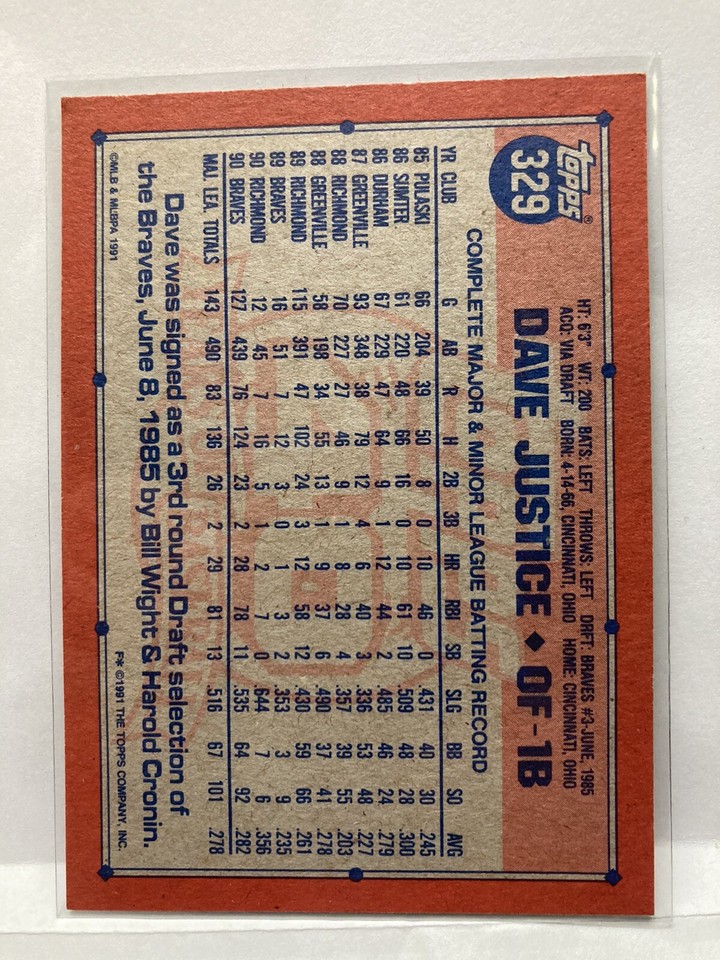 1991 Topps David Dave Justice #329 Rookie Gold Cup Baseball Card ...