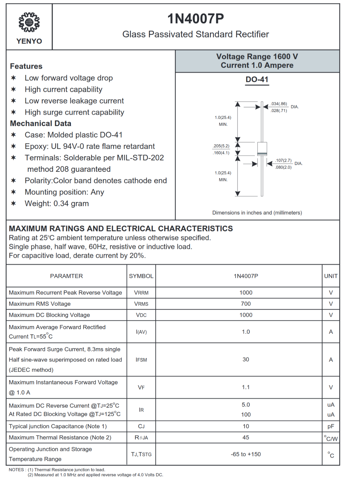20Pcs 1N4007 1N4007P Yenyo 1000V 1A Rectifier Diode 1kV DO-41 | eBay